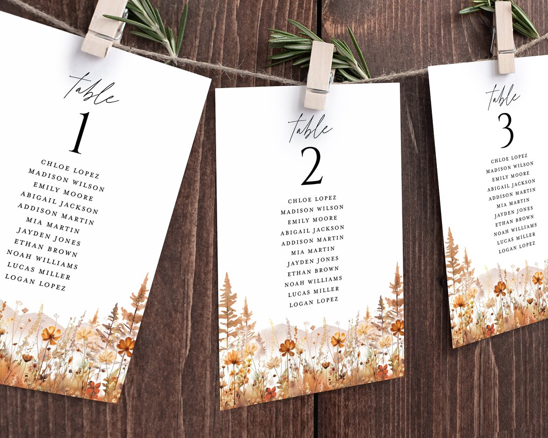 Fall Mountain Wedding Seating Chart Card Template, Wildflower ...