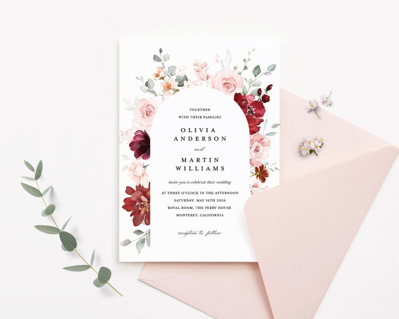 Burgundy Blush Wedding Invitation Template, Maroon Blush Arch Wedding ...