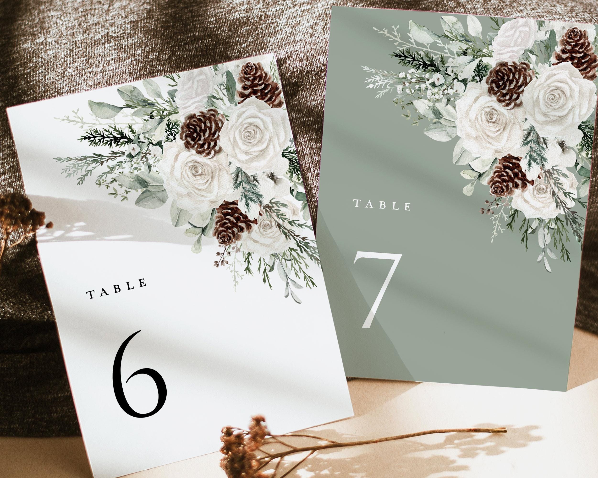 Winter Sage Green Wedding Table Numbers Card Template, Boho Floral ...