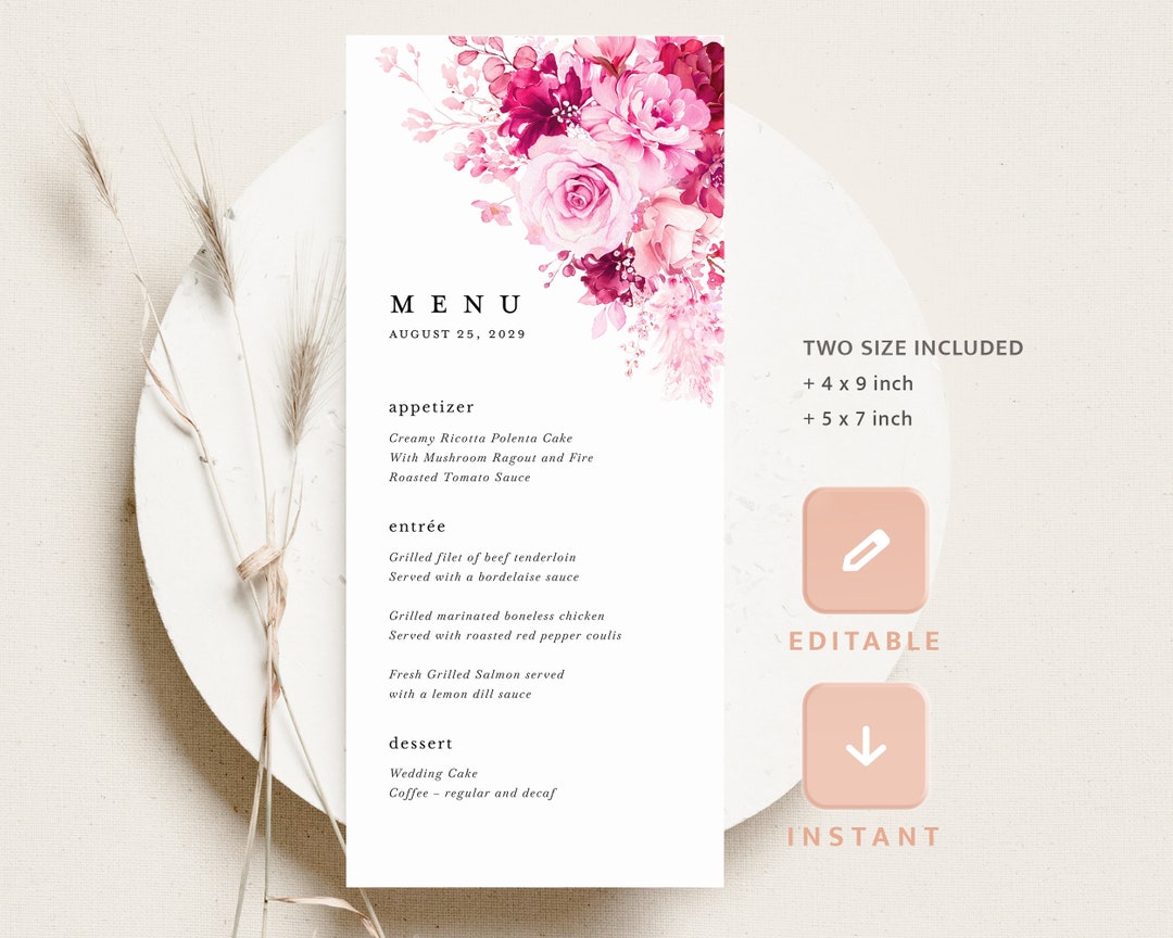Hot Pink Wedding Menu Cards Template, Floral Reception Menu, Printable ...