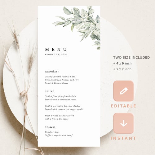 Sage Green Minimalist Wedding Menu Template Eucalyptus Modern - Etsy