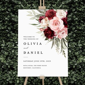 Burgundy Wedding Welcome Sign Template, Boho Blush Pink Rose Reception ...