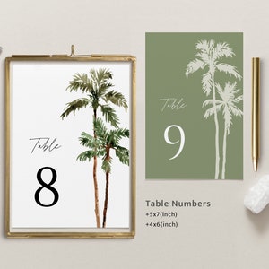 Palm Tree Wedding Table Numbers Card Template, Destination Beach ...