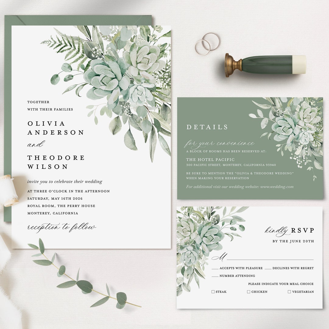 Sage Green Wedding Invitation Template Set, Boho Greenery Wedding ...