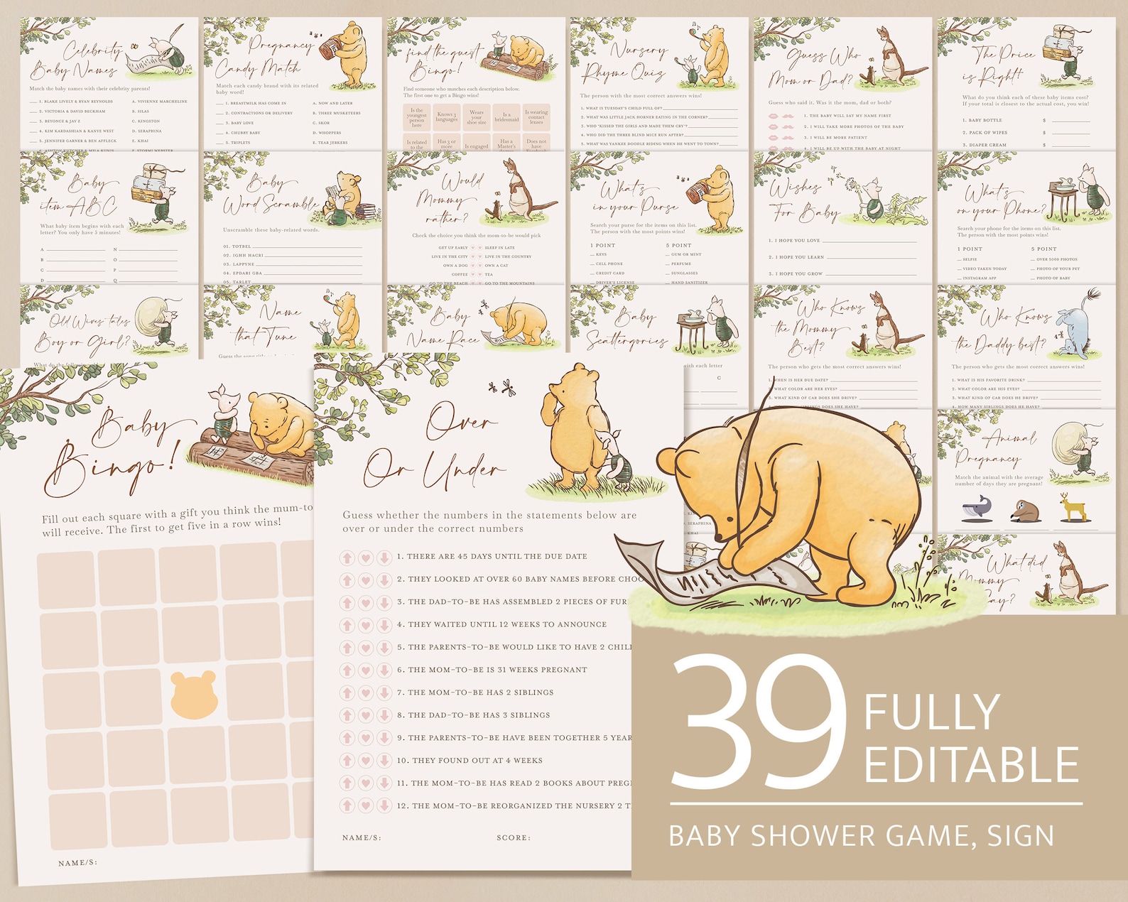 Classic Winnie the Pooh Baby Shower Games Bundle, Printable Editable ...