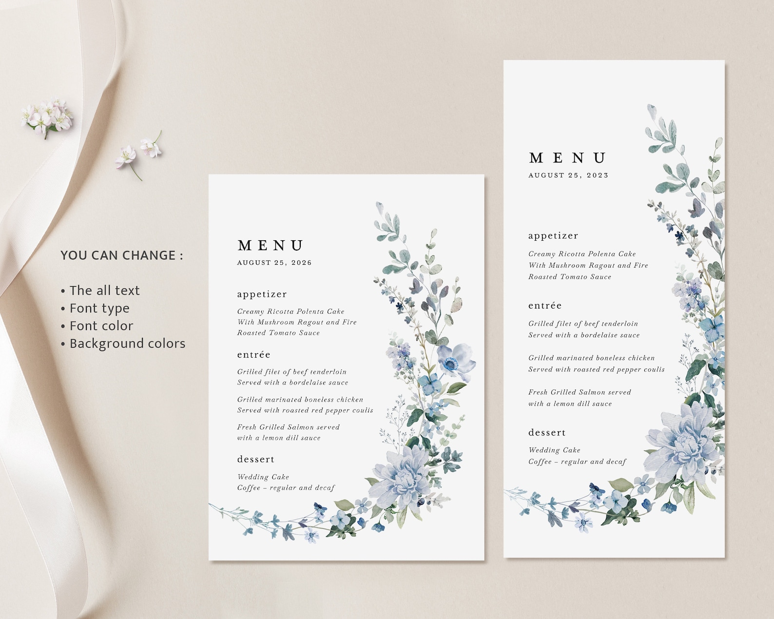 Boho Wedding Menu Cards Template, Dusty Blue Wildflower Reception Menu ...