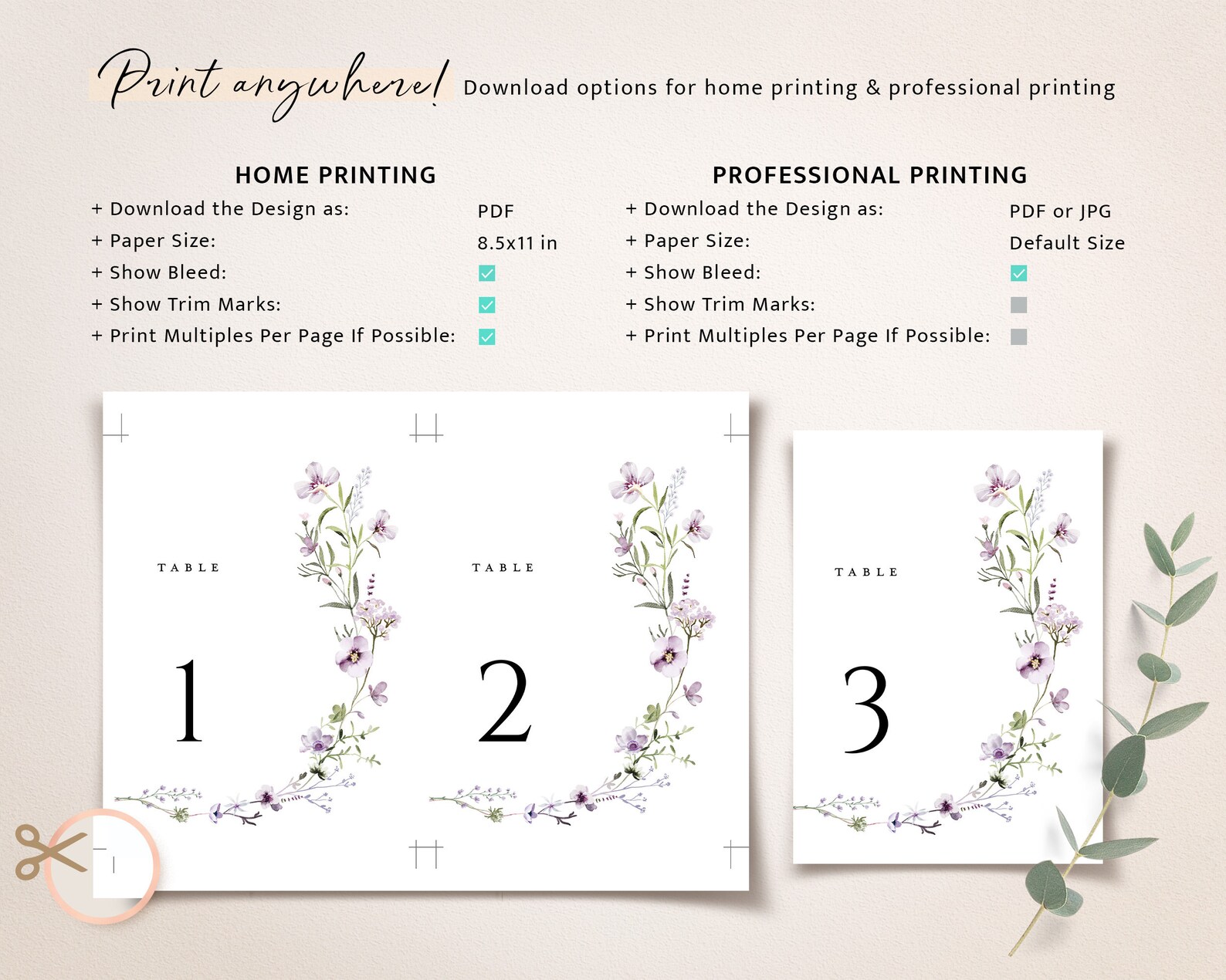 Lavender Wedding Table Numbers Card Template, Lilac Wildflower Boho ...