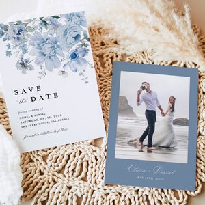 Dusty Blue Save the Date Cards Template, Photo Floral Steel Blue ...