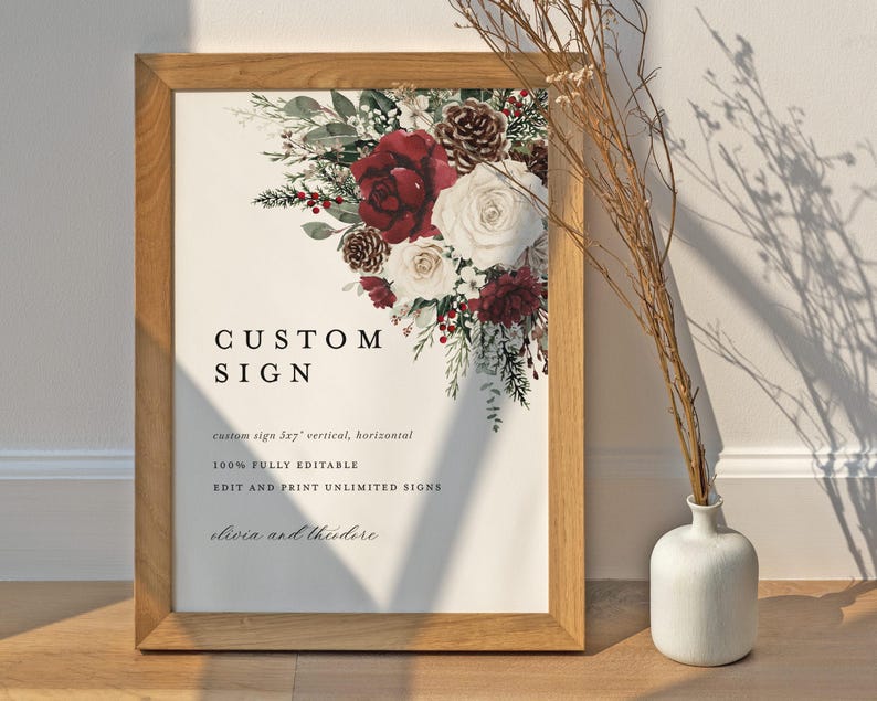 Winter Christmas Custom Wedding Sign Template, Burgundy Floral ...