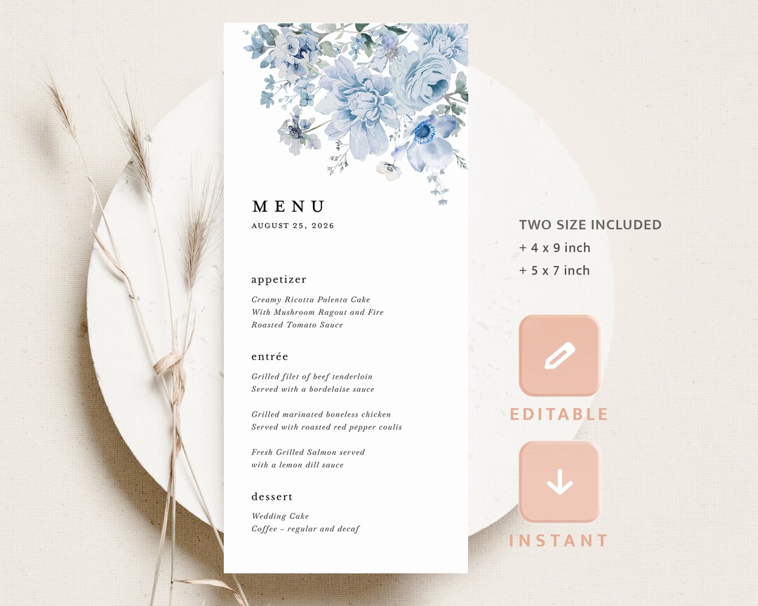 Dusty Blue Minimalist Wedding Menu Template, Floral Steel Blue Modern ...