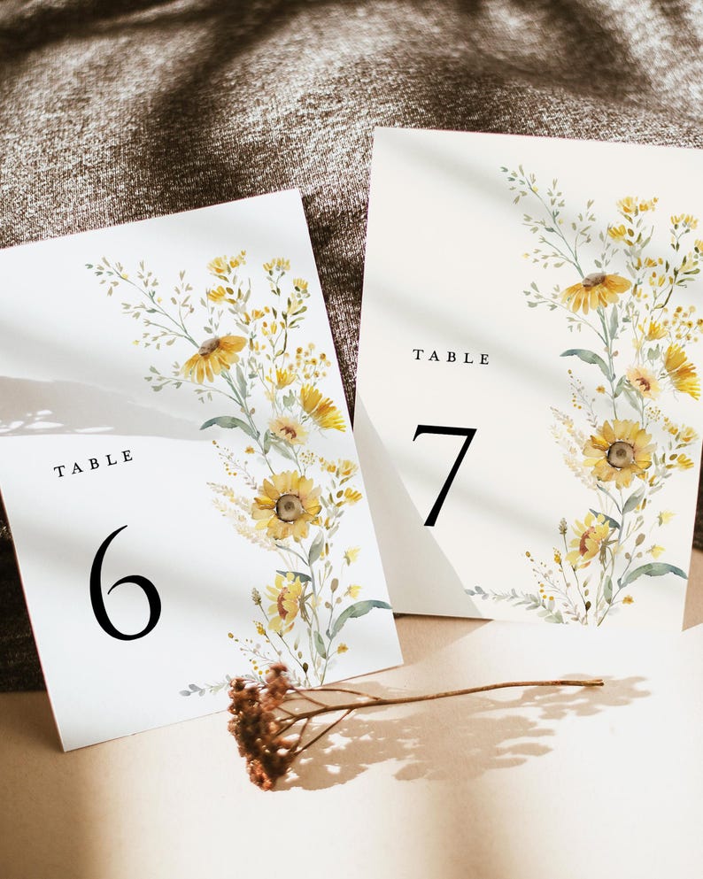 Sunflower Wedding Table Numbers Card Template, Boho Wildflower Table ...