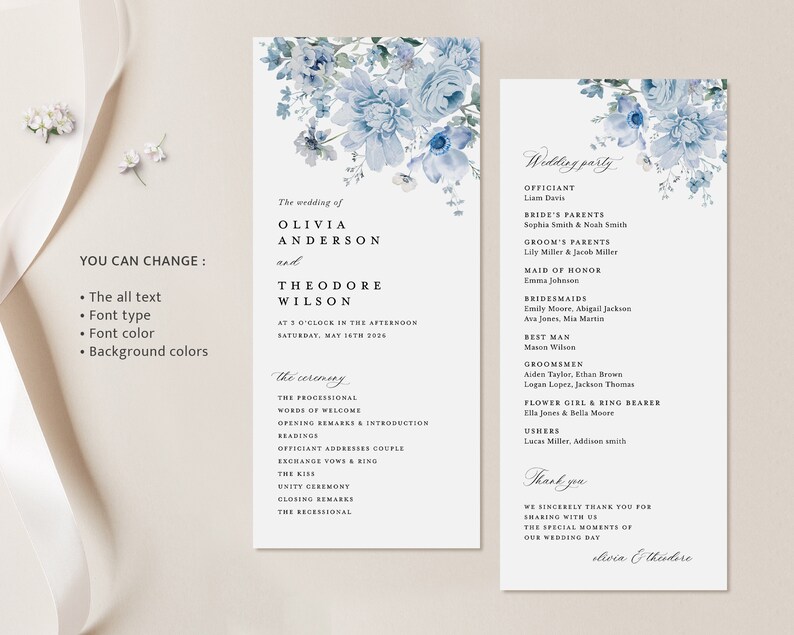 Dusty Blue Wedding Programs Template Ceremony Program Steel - Etsy
