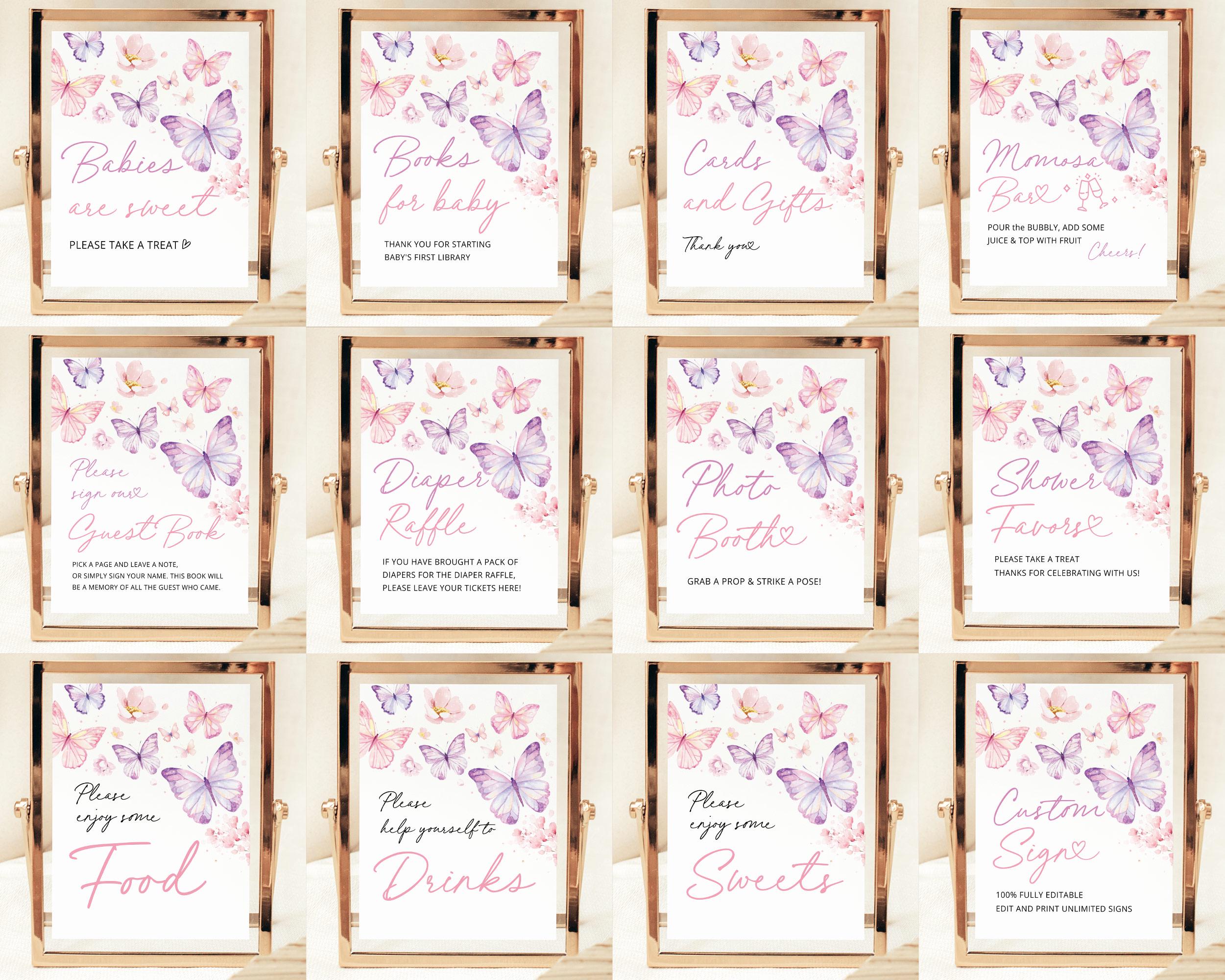 Little Butterfly Baby Shower Signs Bundle Template, Printable Editable ...