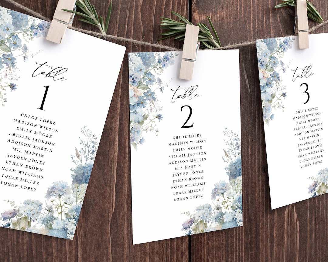 Dusty Blue Wedding Seating Chart Card Template, Boho Floral Table ...