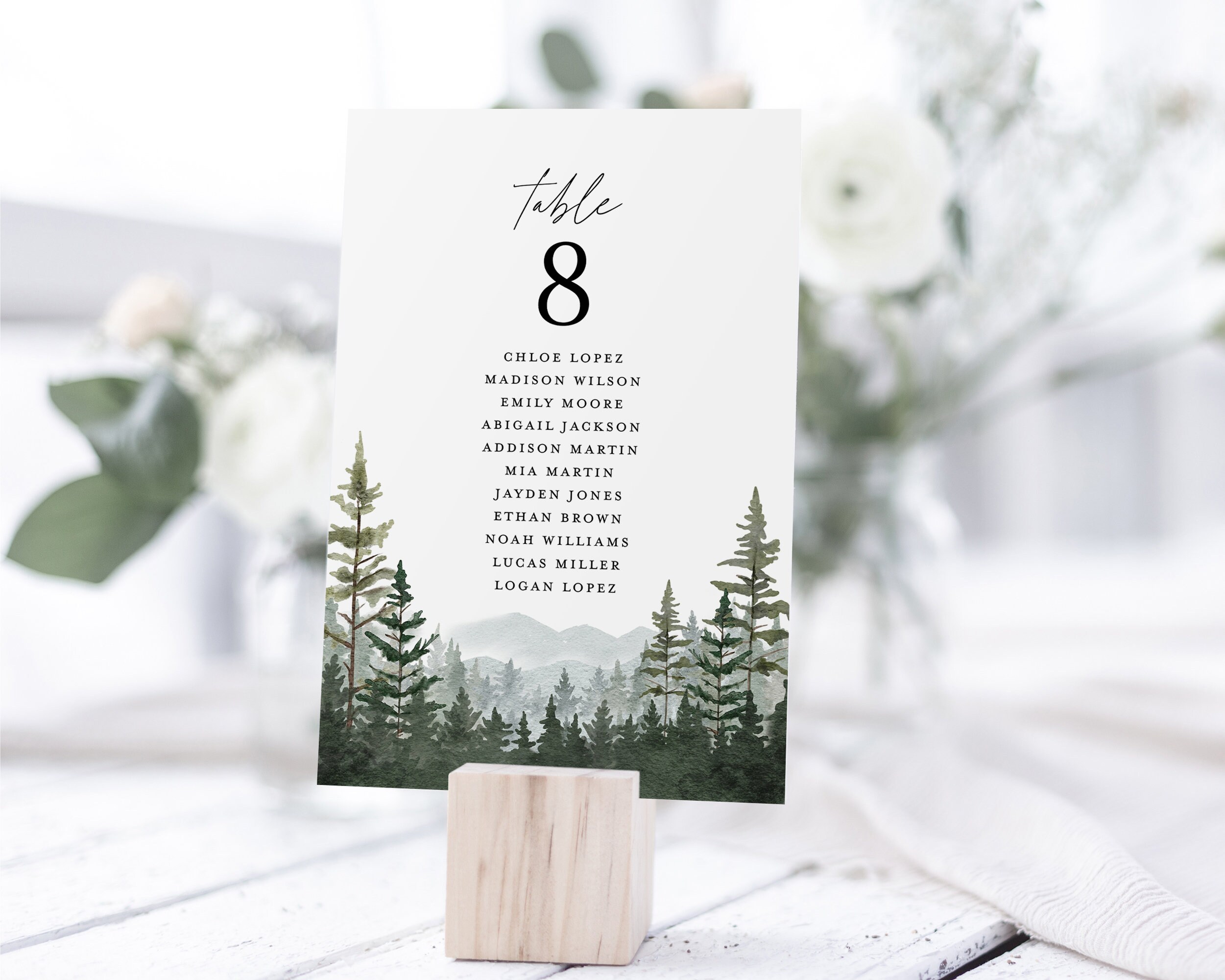 Mountain Wedding Seating Chart Card Template, Woodland Table Numbers ...