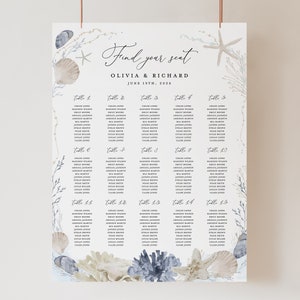 Blue Beach Ocean Wedding Seating Chart Template, Printable Boho Large ...