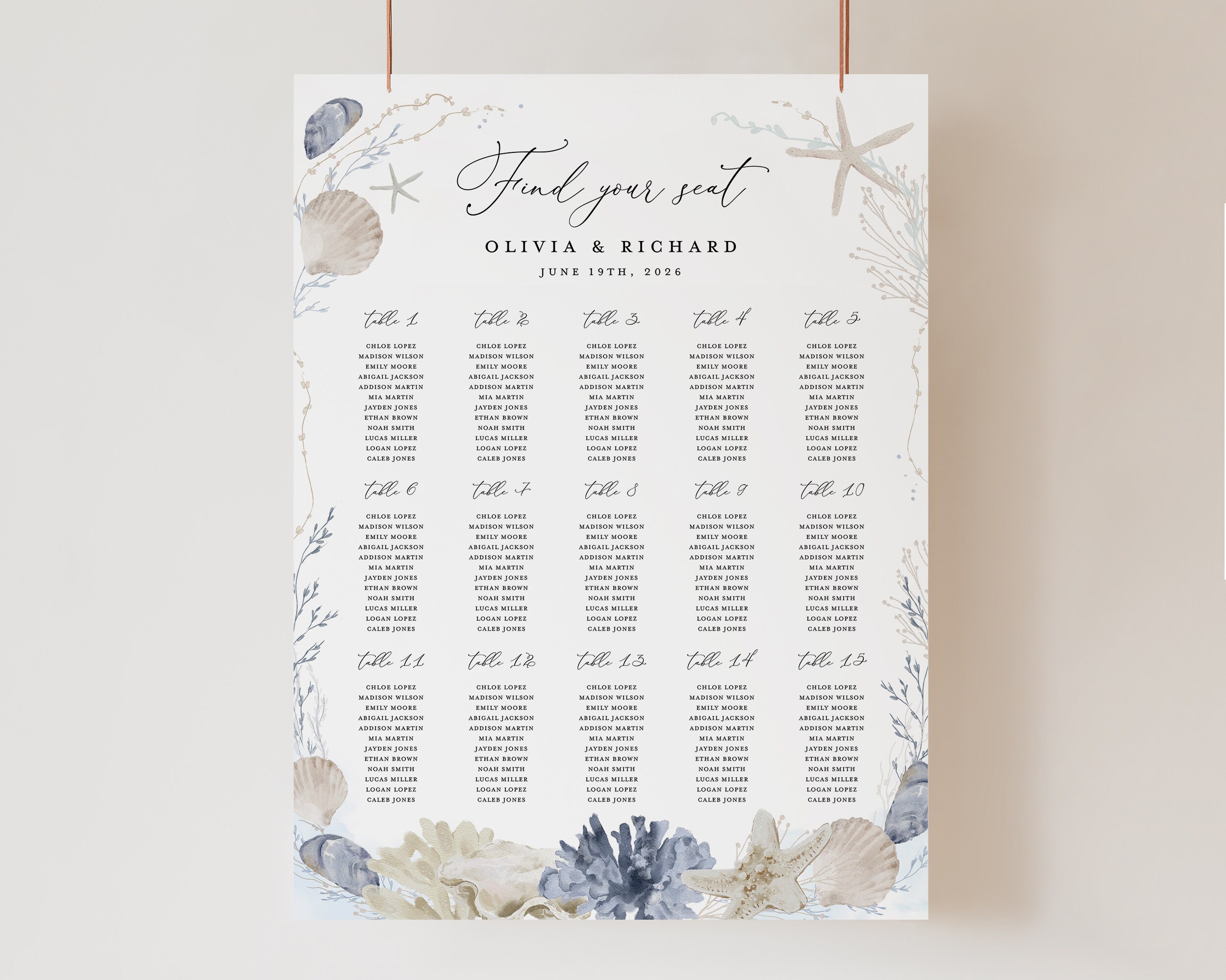 Blue Beach Ocean Wedding Seating Chart Template, Printable Boho Large ...