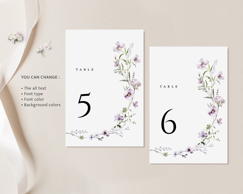 Lavender Wedding Table Numbers Card Template, Lilac Wildflower Boho Table Numbers, Elegant ...