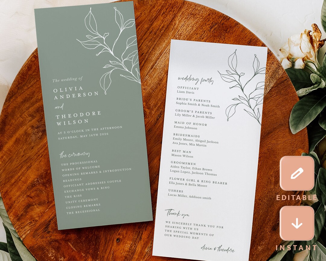 Minimalist Wedding Programs Template, Ceremony Sage Green Modern ...