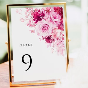 Hot Pink Wedding Table Numbers Card Template, Floral Table Numbers ...