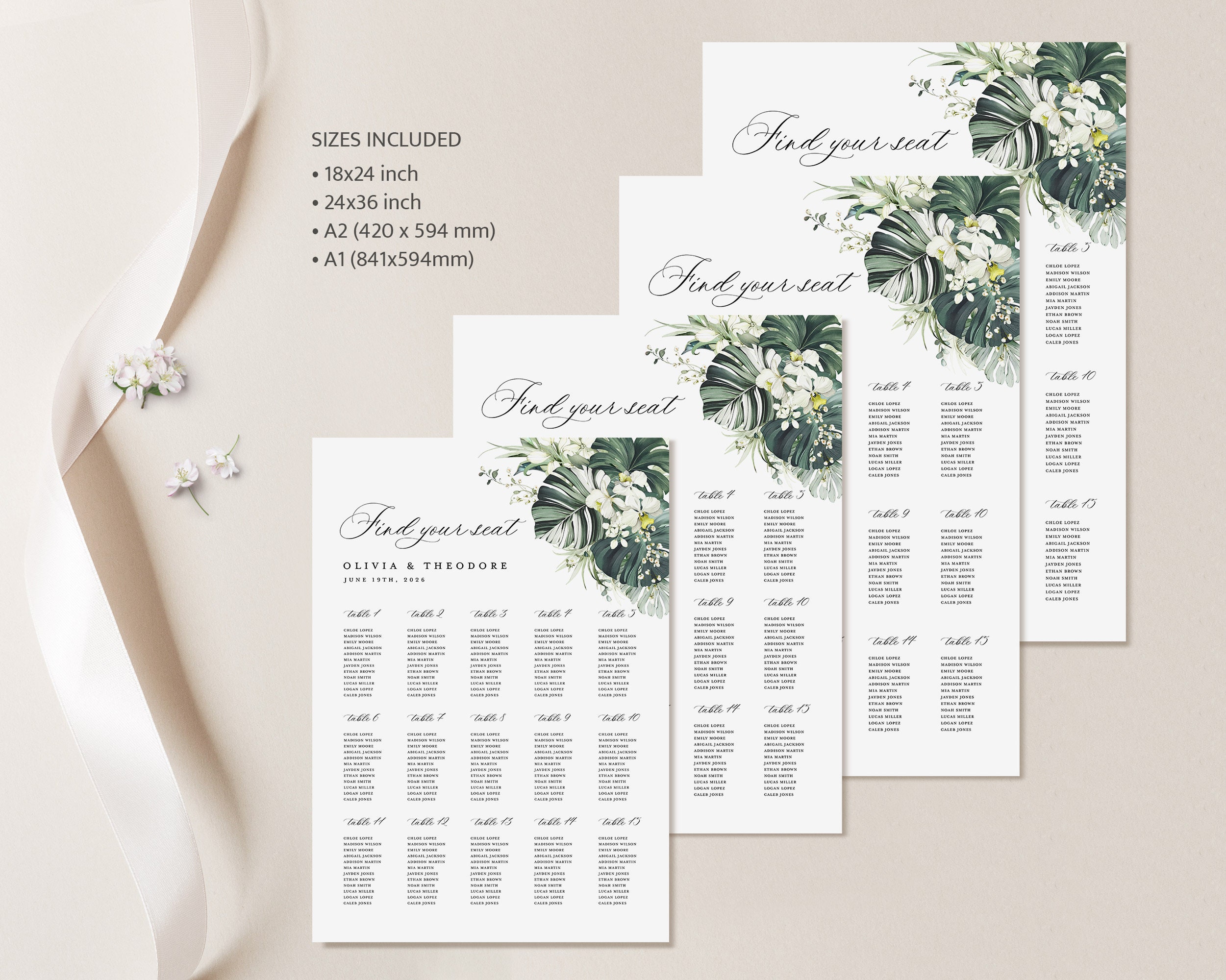 Tropical Wedding Seating Chart Sign Template, Monstera Sage Large Guest ...