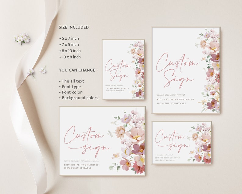 Boho Floral Custom Wedding Sign Template, Bridal Shower Blush Pink ...