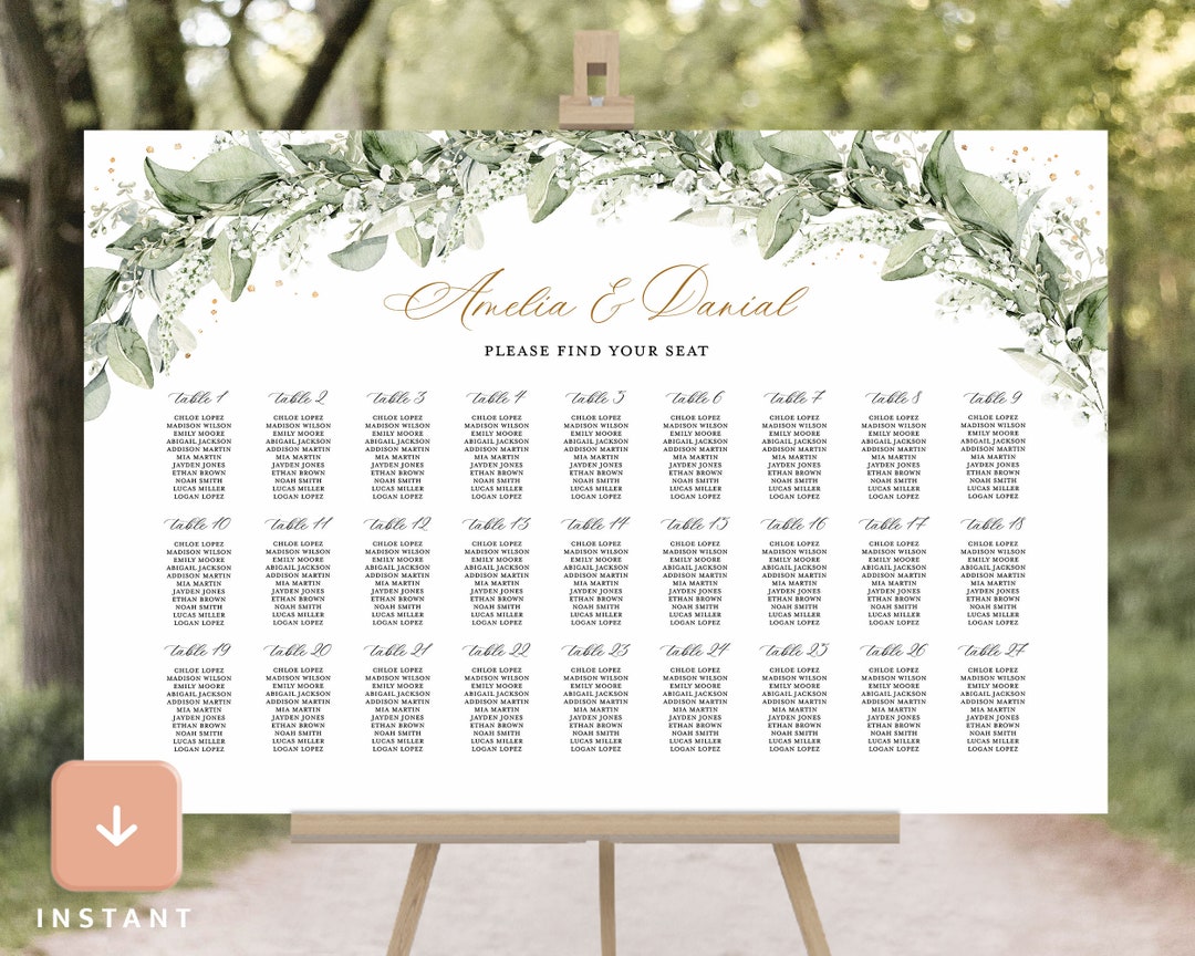 Boho Wedding Seating Chart Sign Template, Greenery Large Guest Seating ...