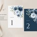 Dusty Blue Navy Wedding Table Numbers Card Template, Boho Floral Table ...