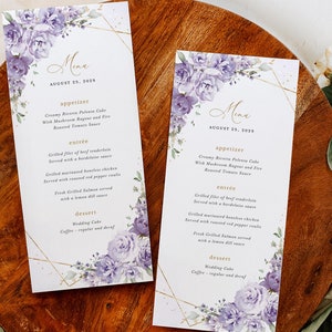 Lavender Wedding Menu Cards Template, Lilac Gold Reception Menu ...