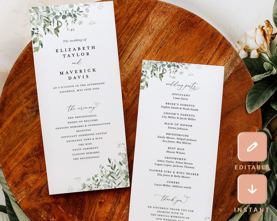 Minimal Wedding Programs Template, Sage Greenery Ceremony Program ...