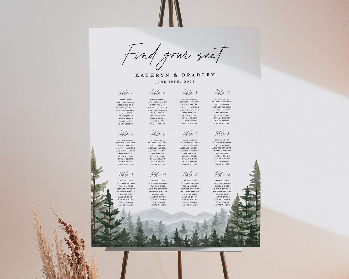 Mountain Wedding Seating Chart Template, Printable Woodland Forest Pine ...