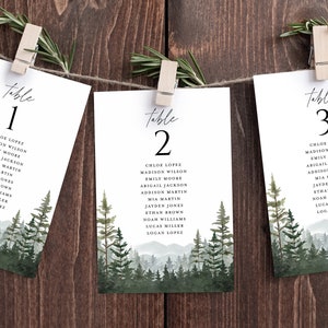 Mountain Wedding Seating Chart Card Template, Woodland Table Numbers ...