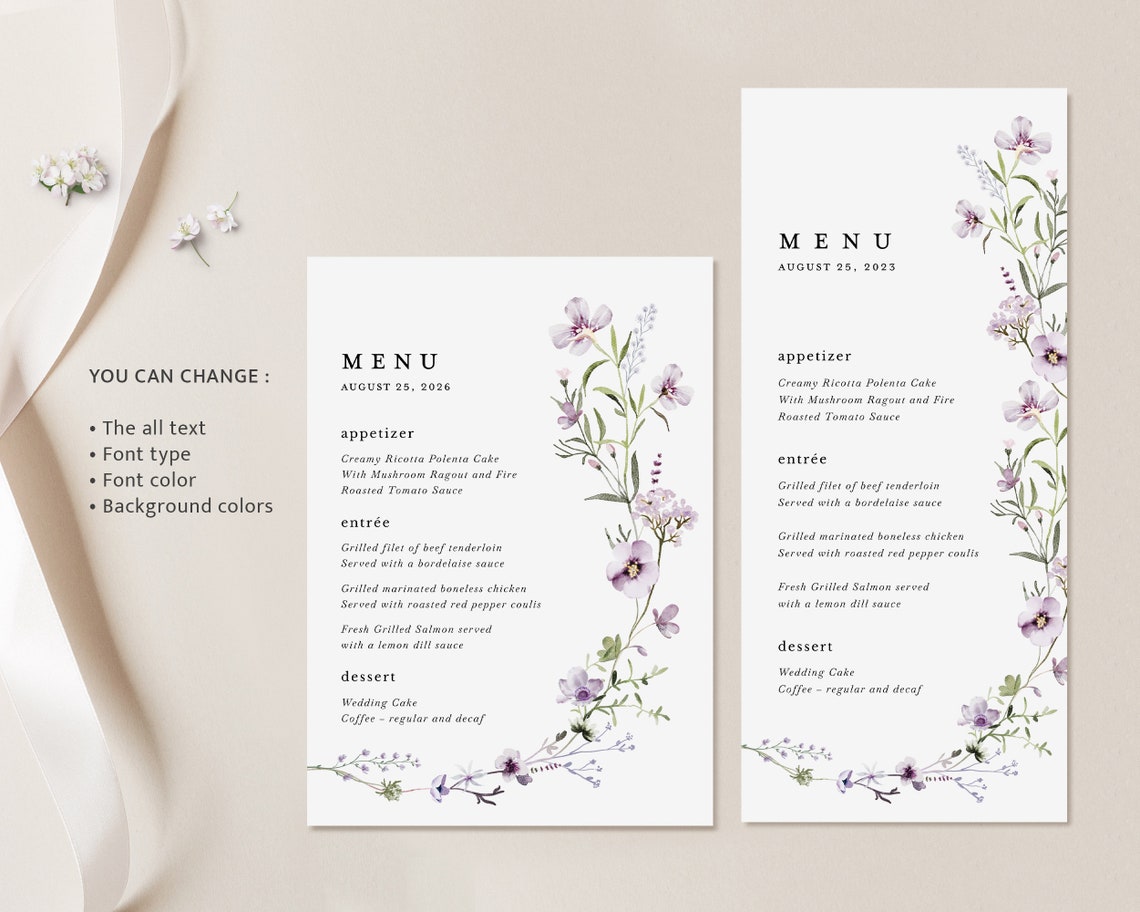 Lavender Wedding Menu Template Boho Lilac Reception Menu - Etsy