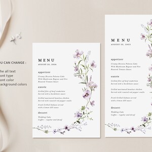 Lavender Wedding Menu Template, Boho Lilac Reception Menu Cards ...