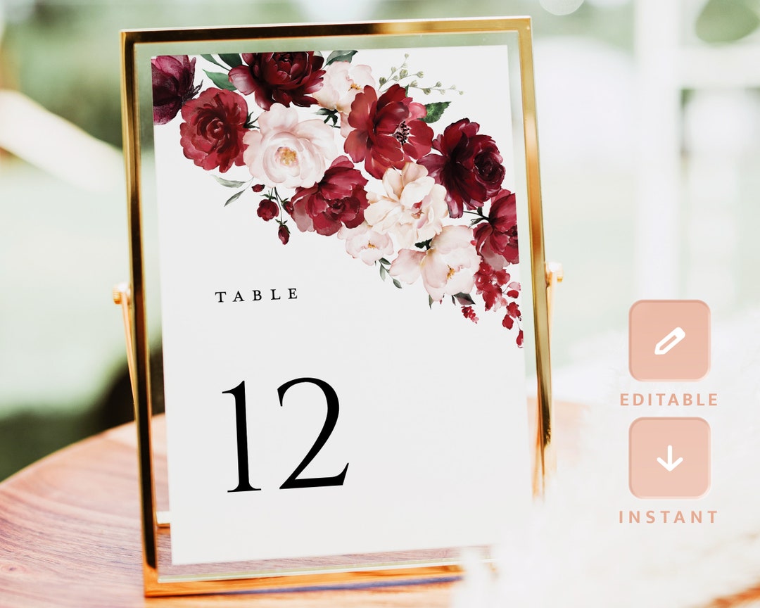 Burgundy Wedding Table Number Card Template, Blush Boho Table Numbers ...