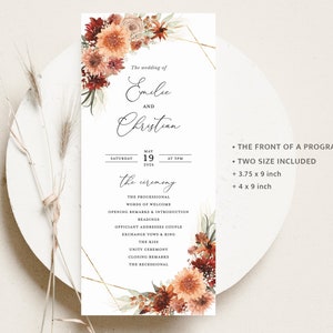 Terracotta Wedding Programs Template, Boho Floral Ceremony Program, Elegant Gold Burnt Orange ...