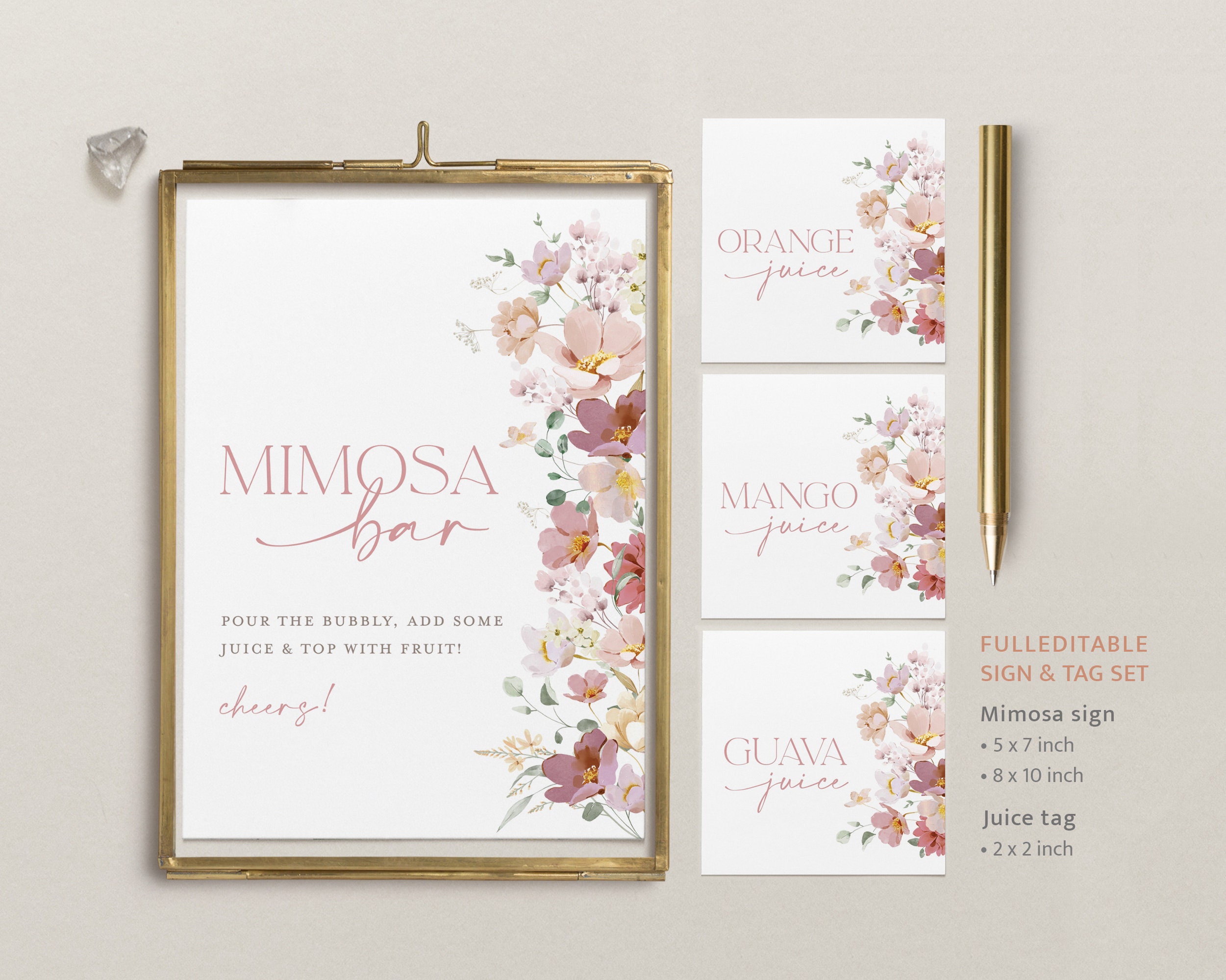 Mimosa Bar Sign, Printable Boho Blush Bridal Shower Juice Tag, Editable ...