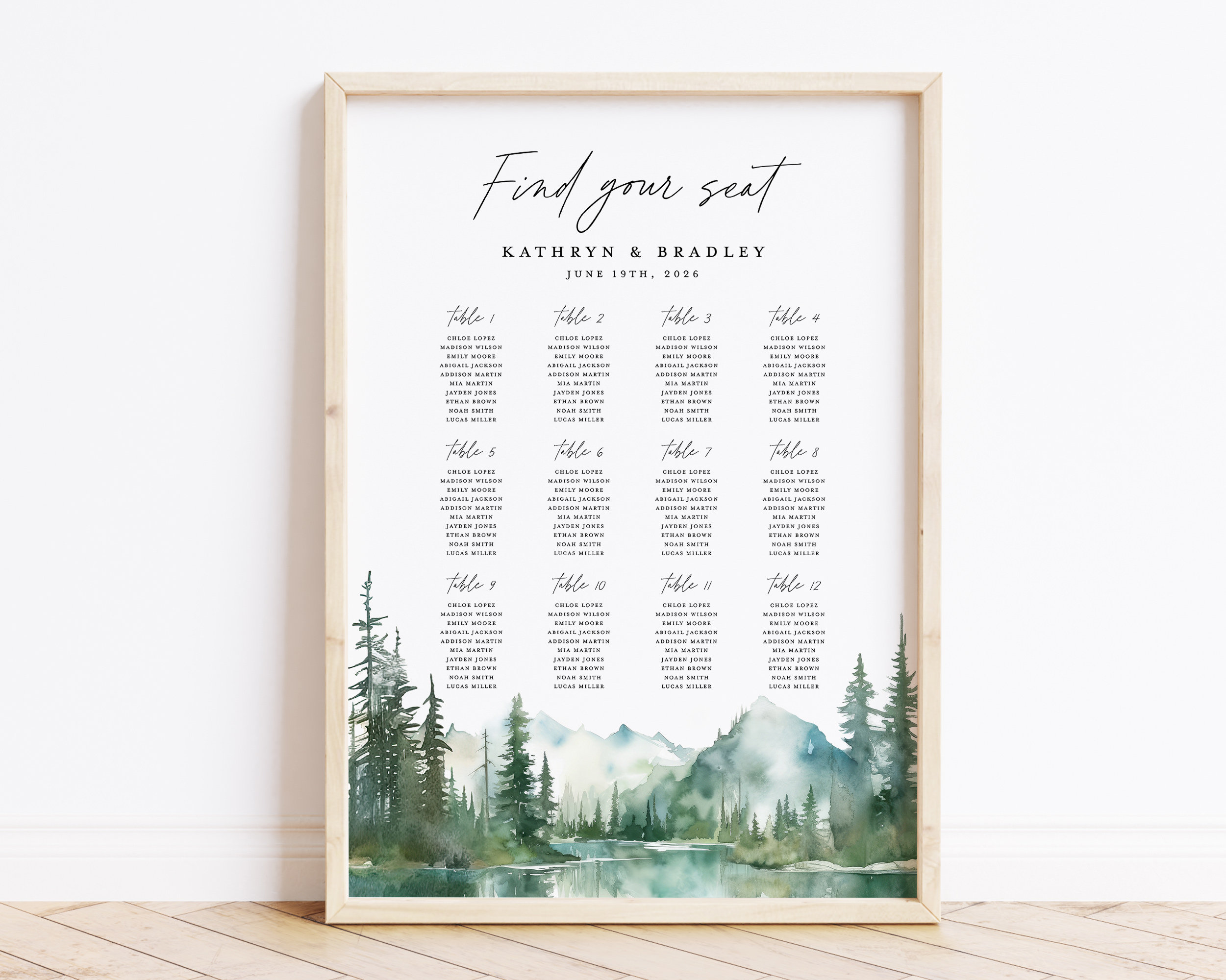 Mountain Wedding Seating Chart Sign Template, Lake Woodland Forest ...