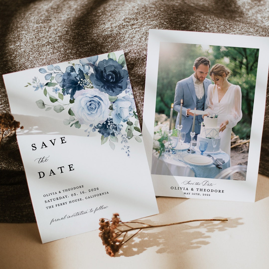 Dusty Blue Navy Save the Date Cards Template, Photo Floral Steel Light ...