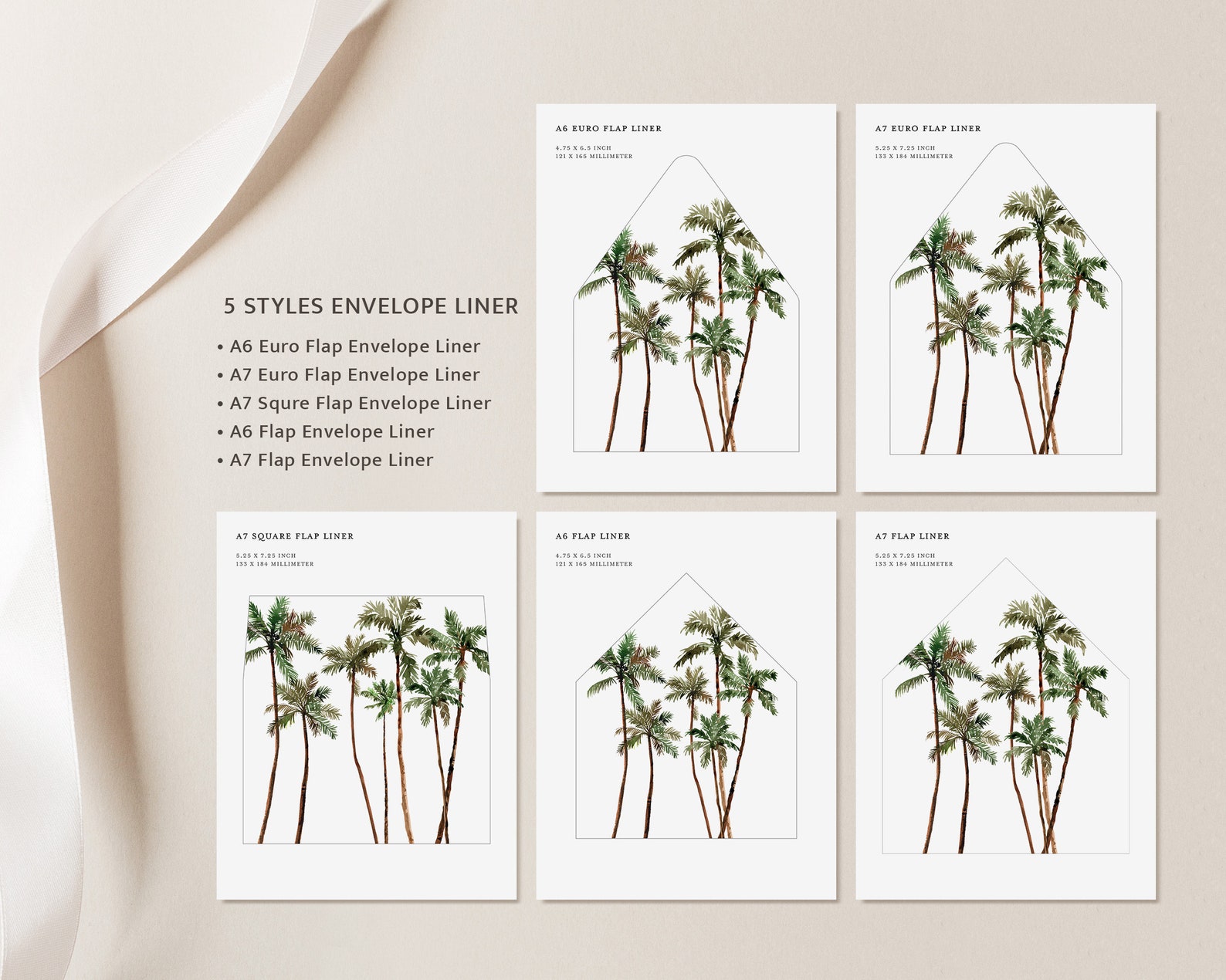 Palm Tree Envelope Liner Template, Sage Tropical A6 and A7 Euro Flap ...