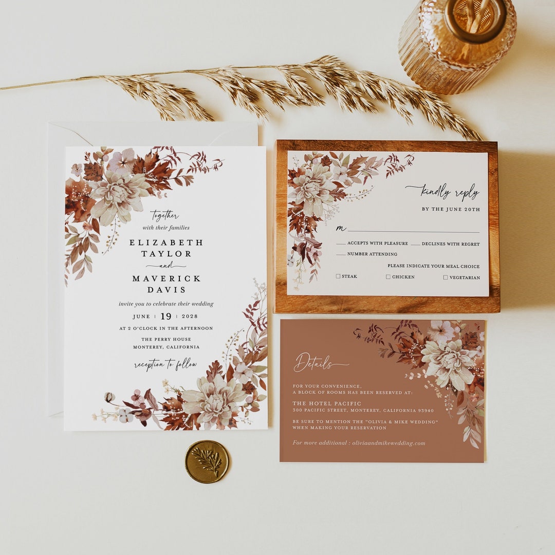 Fall Terracotta Wedding Invitation Template Set, Rustic Greenery ...