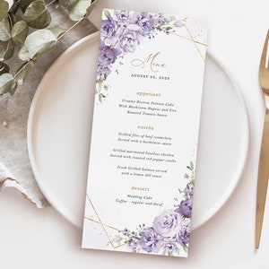 Lavender Wedding Menu Cards Template, Lilac Gold Reception Menu ...