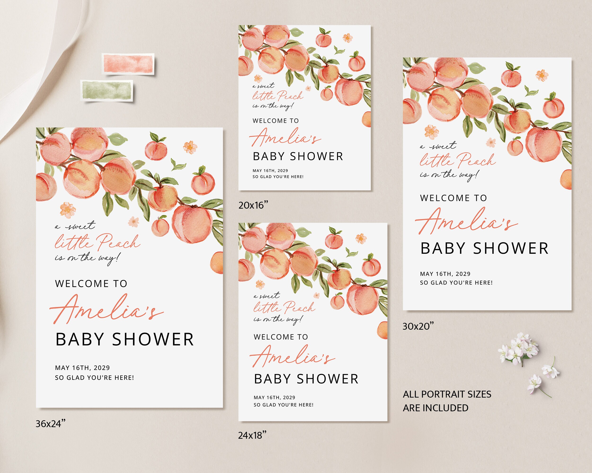 A Sweet Little Peach Baby Shower Welcome Sign Template, Pink Citrus ...