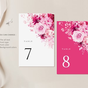 Hot Pink Wedding Table Numbers Card Template, Floral Table Numbers ...