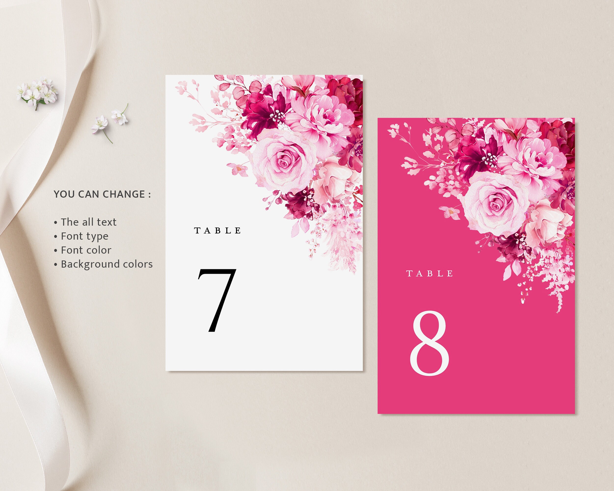 Hot Pink Wedding Table Numbers Card Template, Floral Table Numbers ...