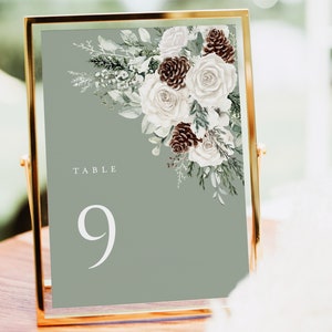 Winter Sage Green Wedding Table Numbers Card Template, Boho Floral ...