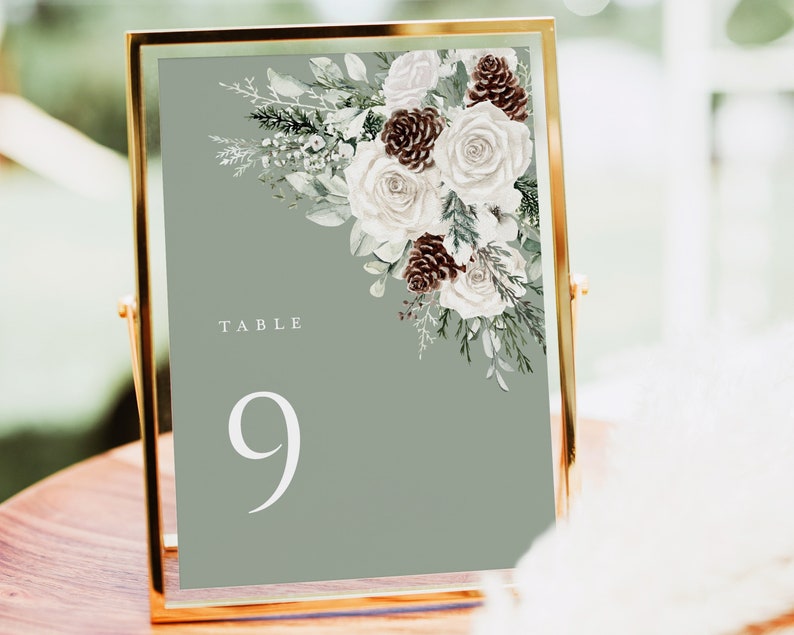 Winter Sage Green Wedding Table Numbers Card Template, Boho Floral ...