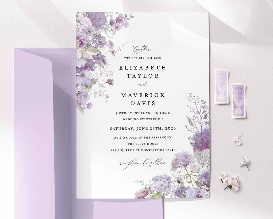 Lavender Lilac Wedding Invitation Template, Floral Boho Wedding Invites ...
