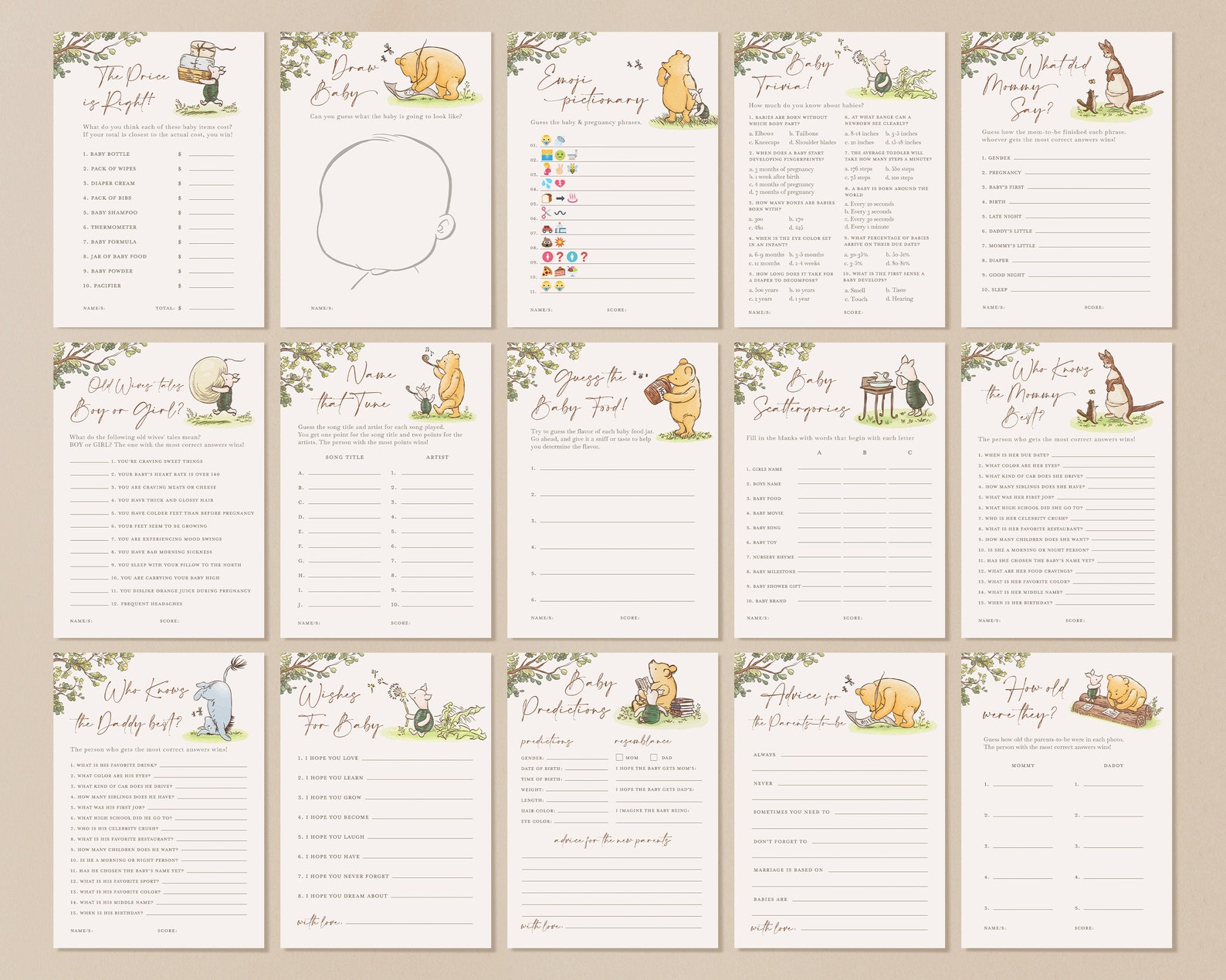 Classic Winnie the Pooh Baby Shower Games Bundle, Printable Editable ...