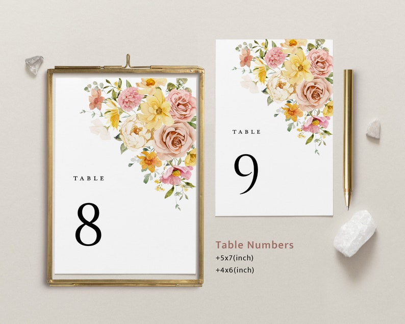 Colorful Pastel Wedding Table Numbers Card Template, Floral Pink Yellow ...